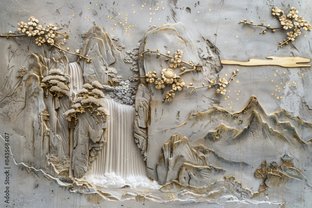 Ethereal Japanese Landscape with Waterfall, Mountains, and Sakura ...