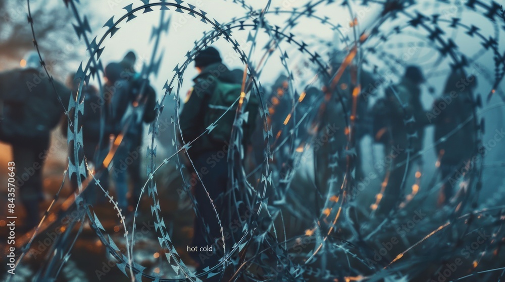 The spiral of people behind the wire fence, border guard and crowd ...