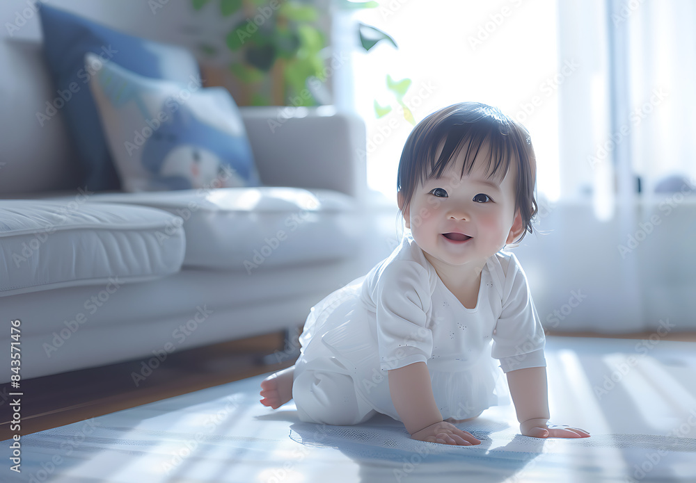 cute Japanese baby girl wearing white smiling while sitting floor front ...