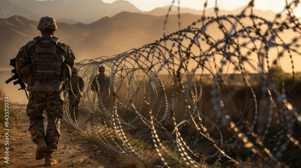 Soldiers patrolling the border with a barbed wire fence. Stock Photo ...
