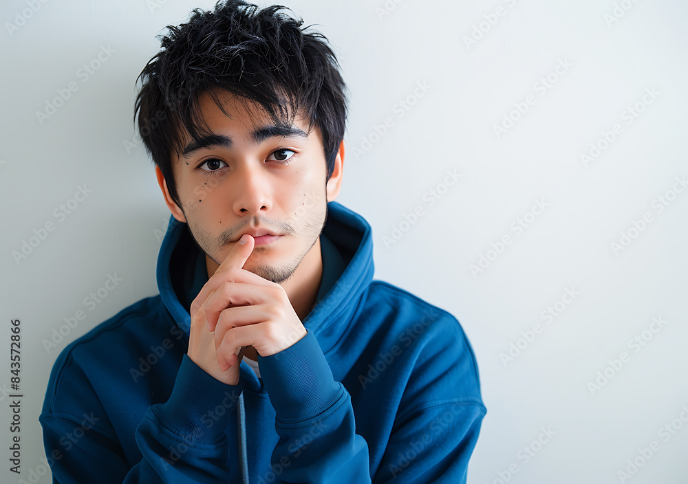 handsome Japanese man his thirty wearing blue hoodie touching corner of ...