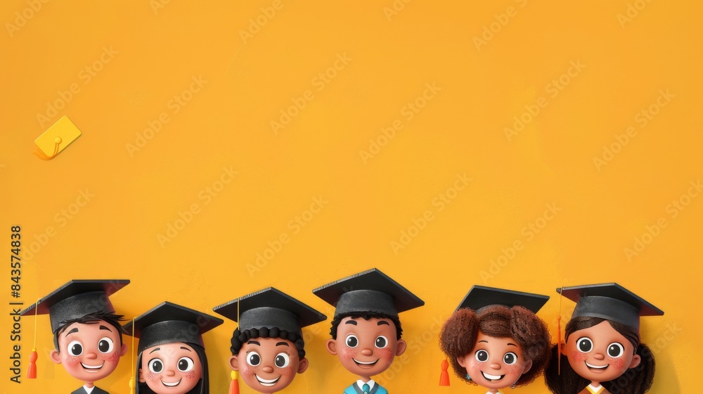 Horizontal banner, flat illustration. Smiling children in graduation ...