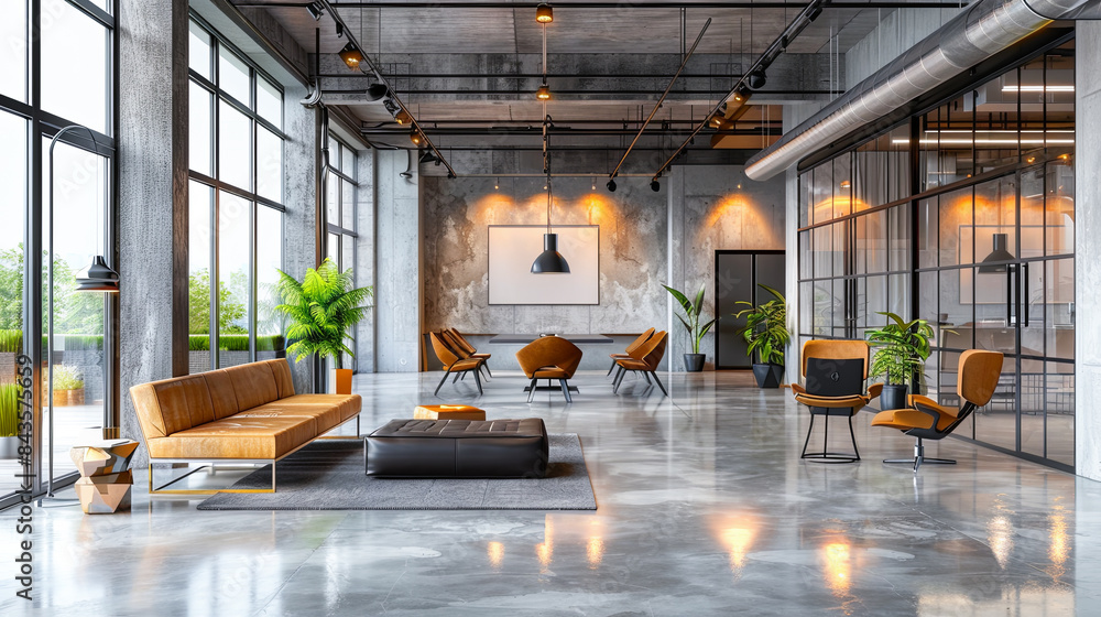 Interior of modern office waiting room with gray walls, concrete floor ...