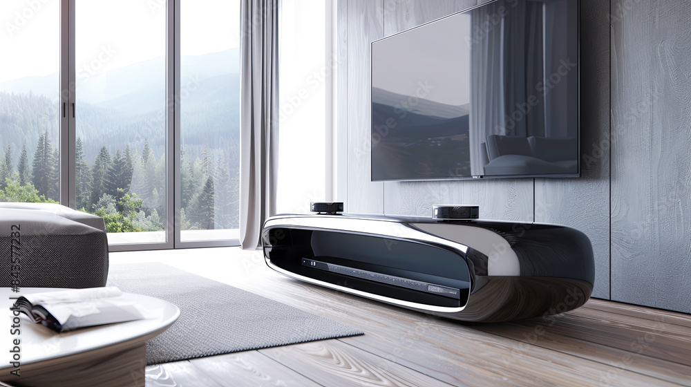 Modern living room interior design with a panoramic view. 3d rendering ...