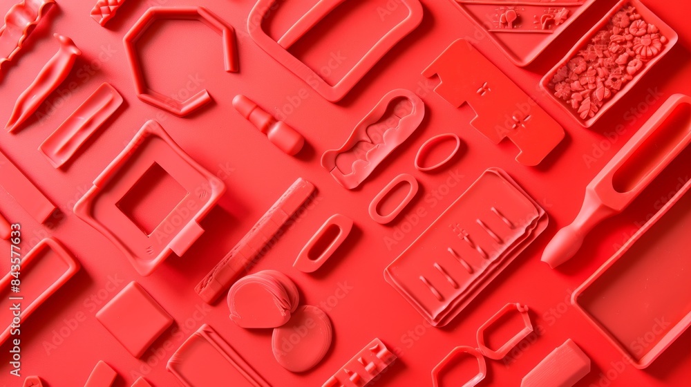 A bright red background showing various sizes and shapes of plastic ...