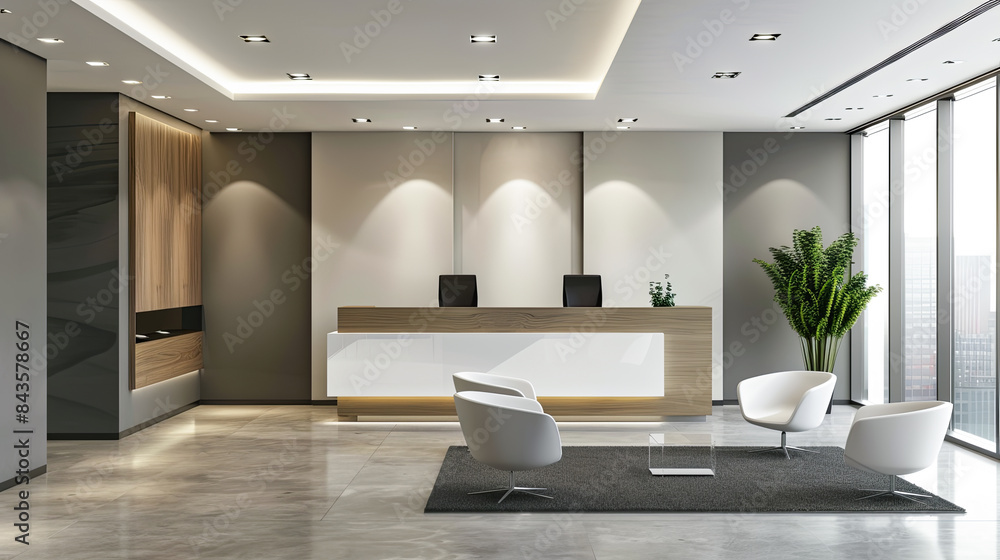 Interior of modern office waiting room with white reception desk and ...