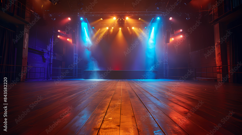 An atmospheric empty stage set on a dark floor, illuminated by vibrant ...