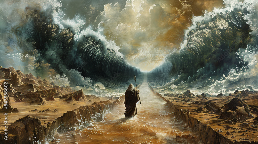 A scene from the Bible where Moses divides the Red Sea in half ...