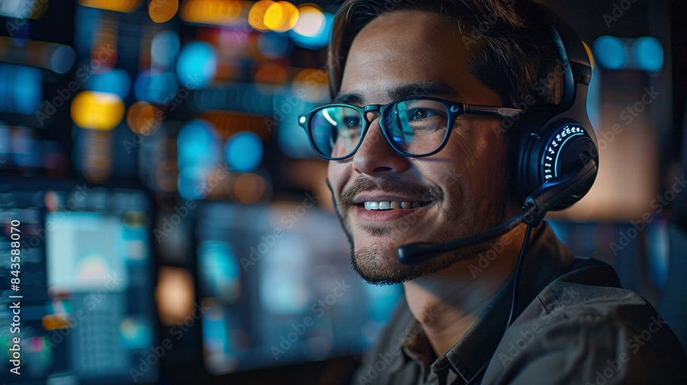 Professional call center agent with glasses and headset, working in a ...