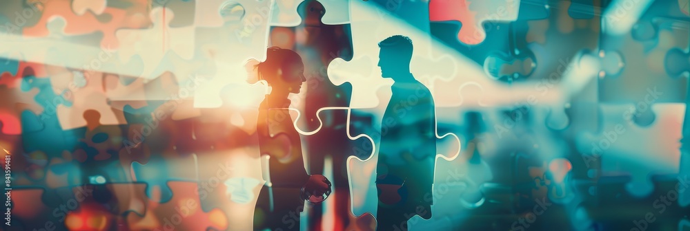 Abstract silhouettes behind puzzle pattern - Double exposure of people ...