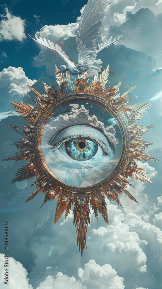 Ornate eye within a circular frame and wings - This image depicts an ...