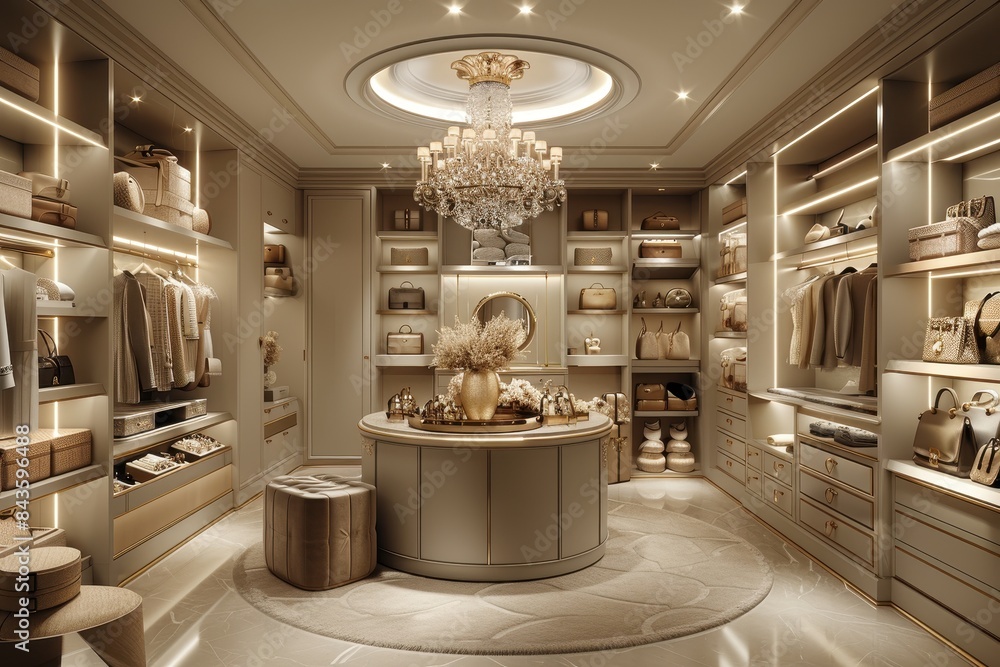Chic Walk-In Closet A luxurious walk-in closet with built-in shelving ...