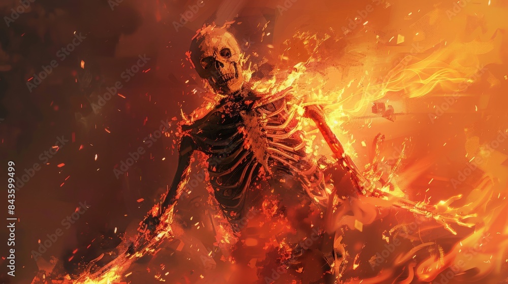 Horror character of demon skeleton with fire flames in hellfire ...