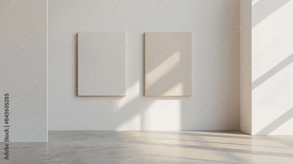 Minimalist interior space with two blank, rectangular canvases on a ...
