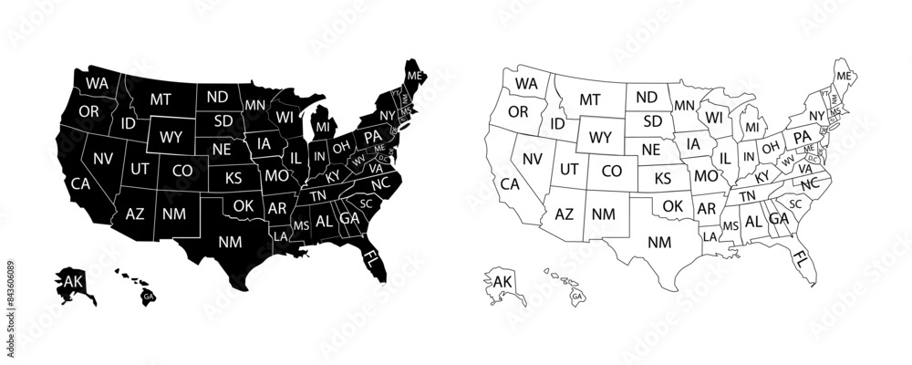 Map of all US states. Vector design of abbreviated names of US states ...