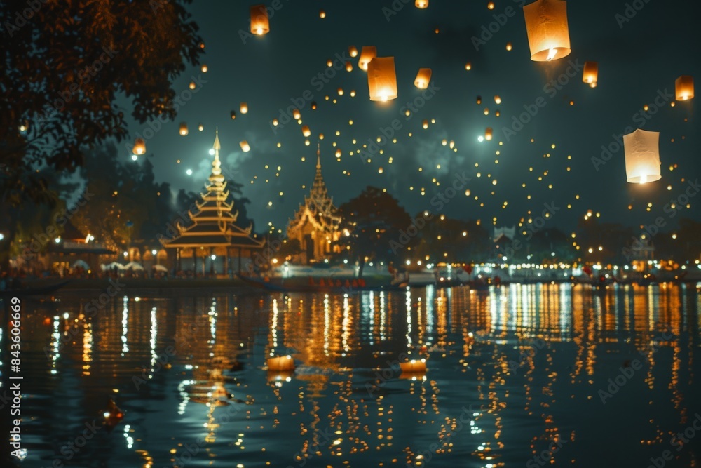 Thai people release sky floating lanterns or lamp to worship Buddha's ...