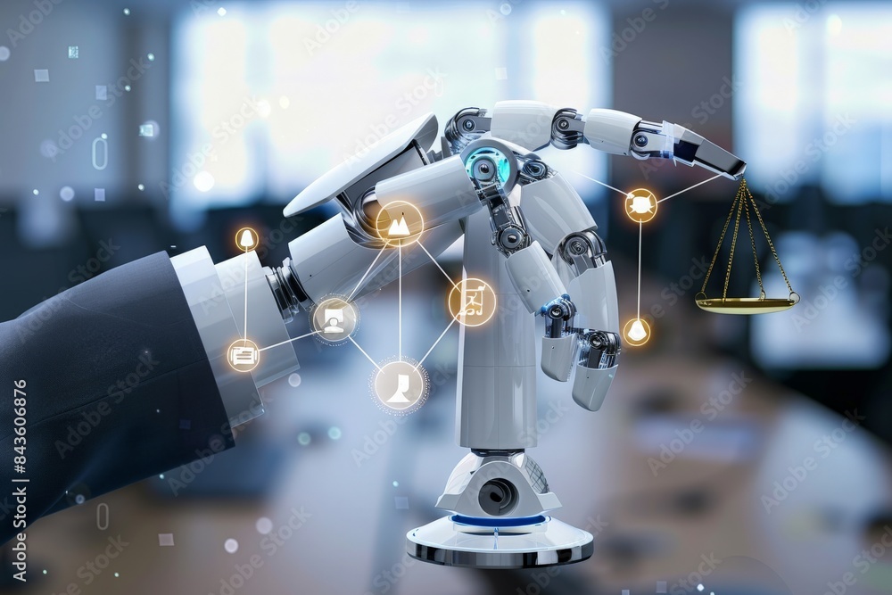 AI related law concept shown by robot hand using lawyer working tools ...