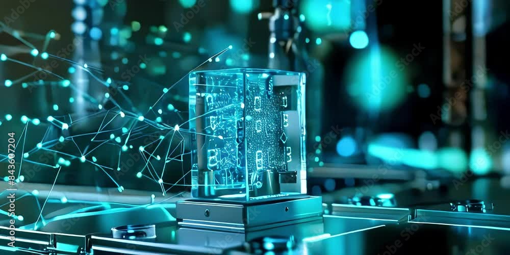 Neural connections depicted as a holographic lattice of blue fibers ...