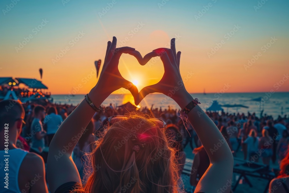 Concertgoer forms heart shape with hands at beachside music festival ...