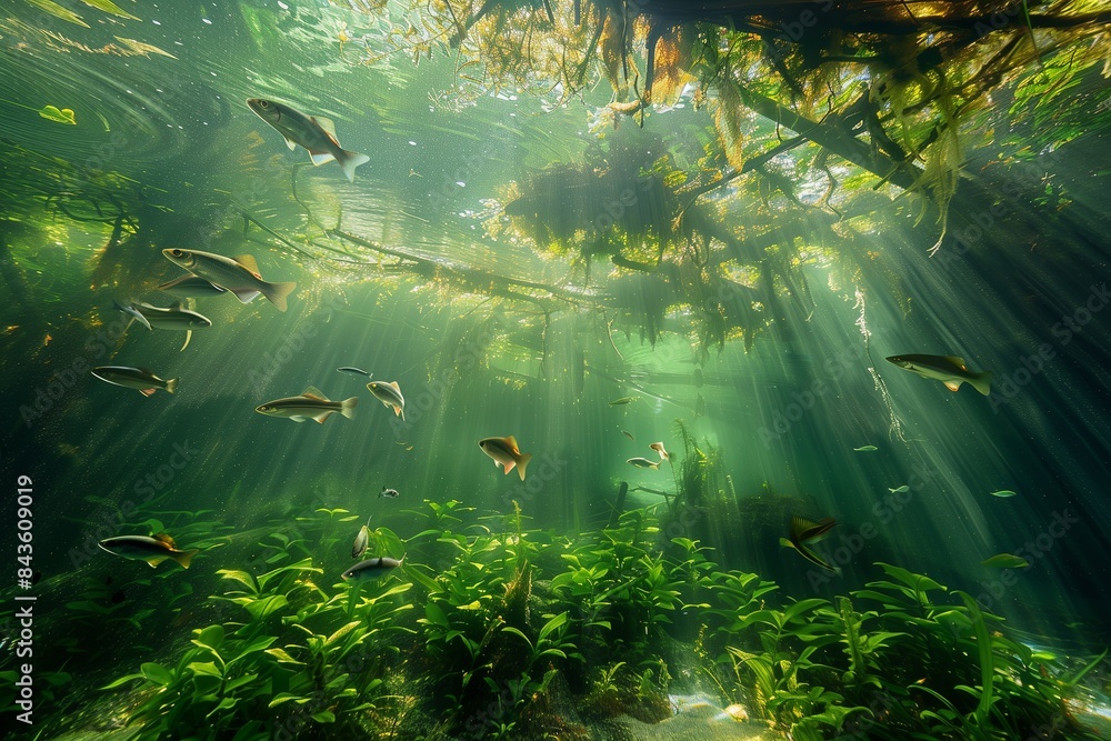 Underwater scene with aquatic plants and fish. Capturing the vibrant ...