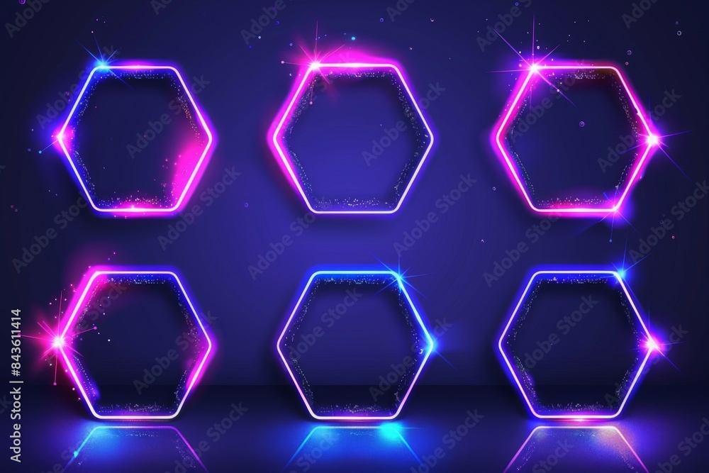 Set of six neon frames in pentagon form with shining effects and ...