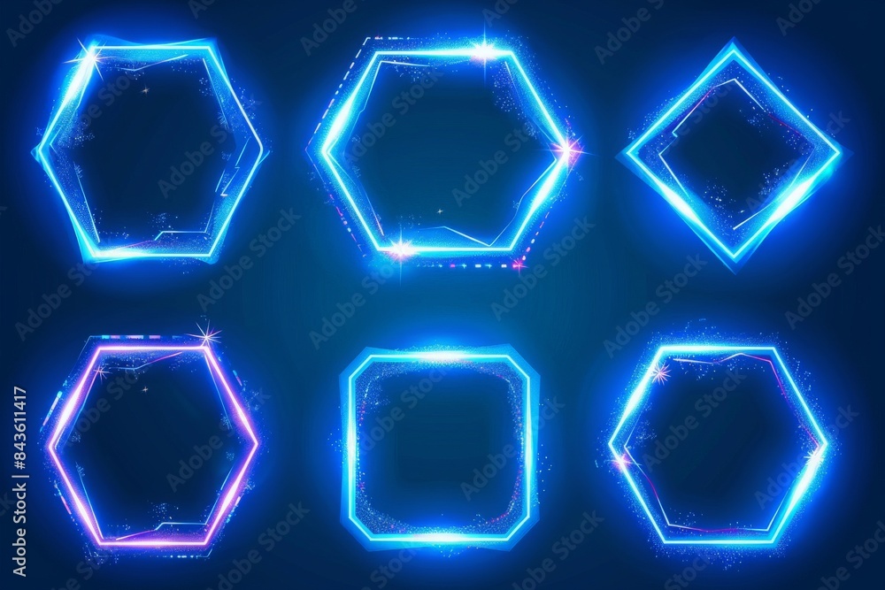 Set of six neon frames in pentagon form with shining effects and ...