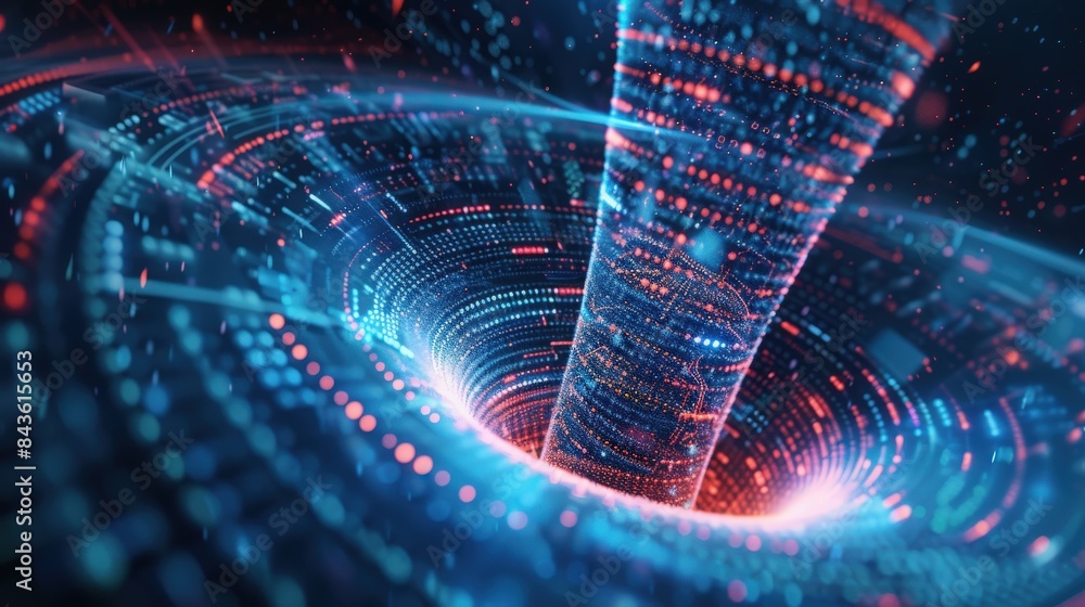 A massive digital funnel resembling a cyclone of cyber data ...