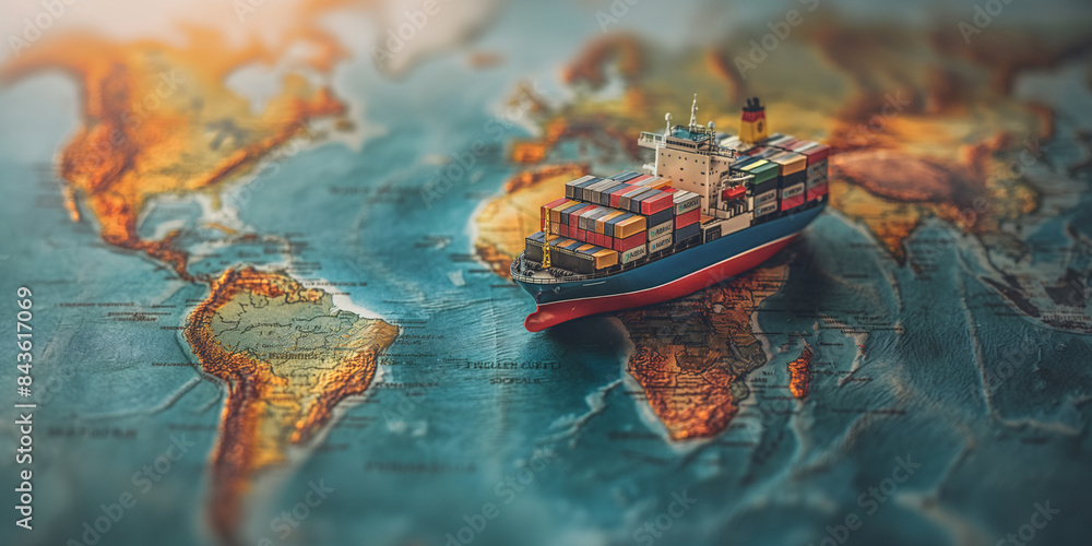 Container Ship Navigating Across World Map Highlighting Global Shipping ...