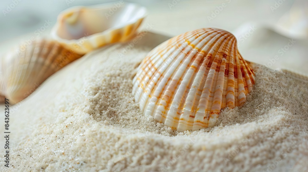 isolated sea shell on white sand pile tropical beach vacation symbol ...