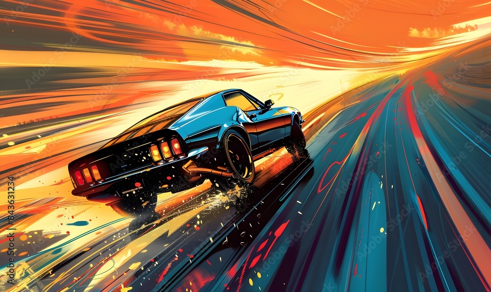 a comic book style artwork featuring a blue business car racing through ...