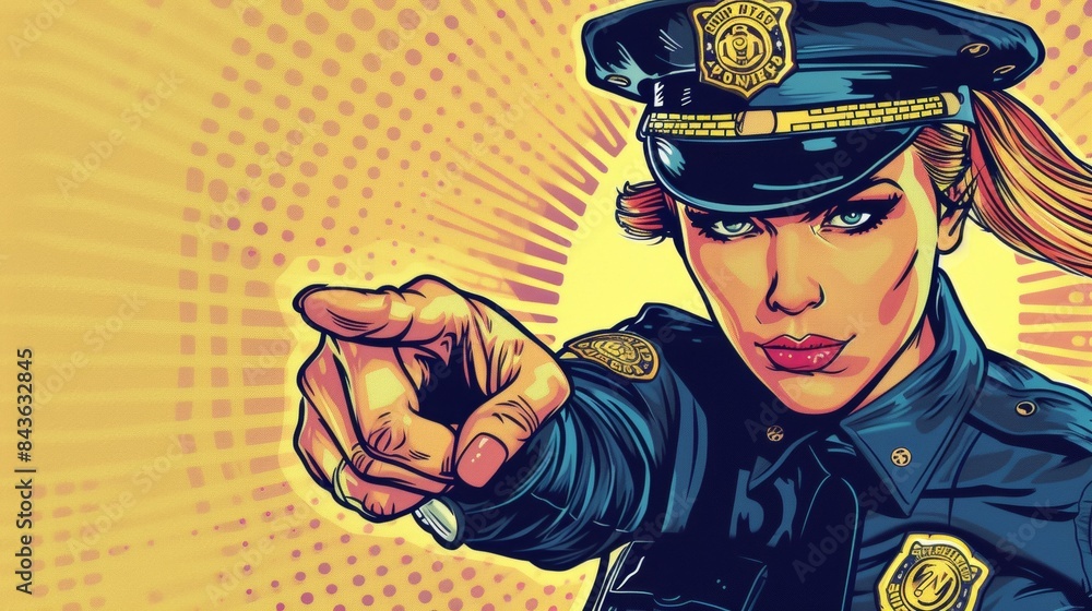 Vector illustration of female police officer with hand gesture. Comic ...