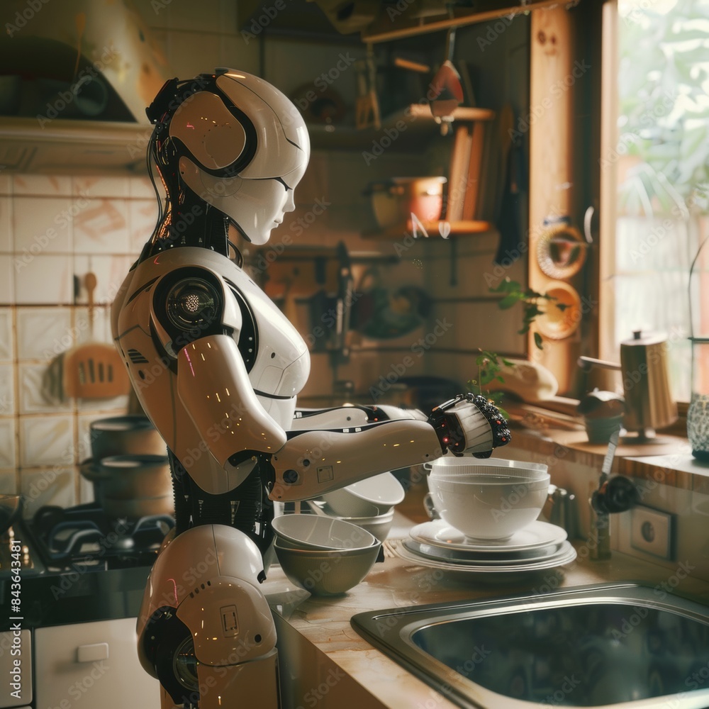 A robot working as a barista at Starbucks coffee shop. Ai artificial ...