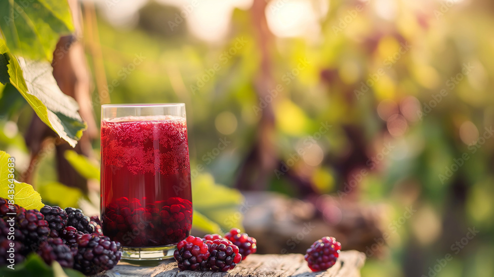 Glass of fresh mulberry juice, rich dark red color, amidst mulberry ...