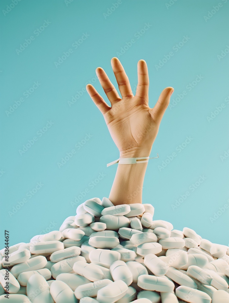 hand reaching out from an overwhelming pile of white pills against a ...