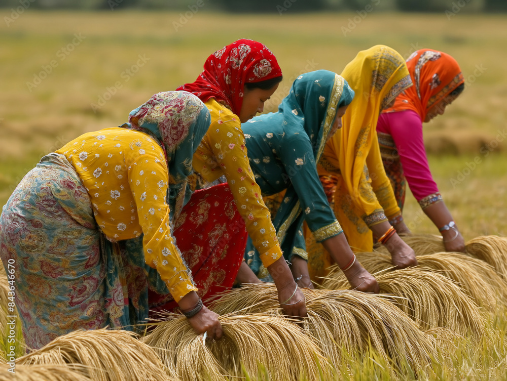 Four women are working in a field of rice. They are wearing colorful ...