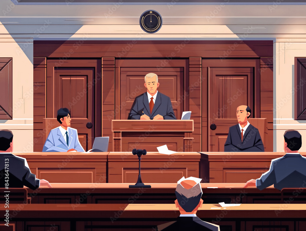 A cartoonish drawing of a courtroom with a judge presiding over a case ...