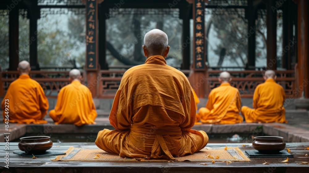 Caucasian monk learning martial arts from an old master monk in a ...