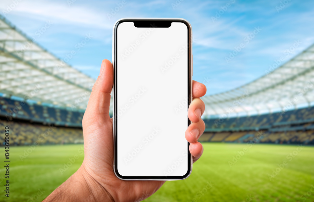 Hand holding a phone with white blank screen and blurry soccer stadium ...