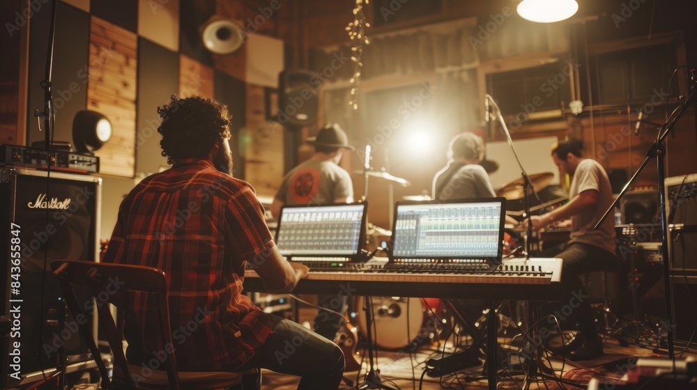 A candid photo of a recording session in progress, capturing the energy ...