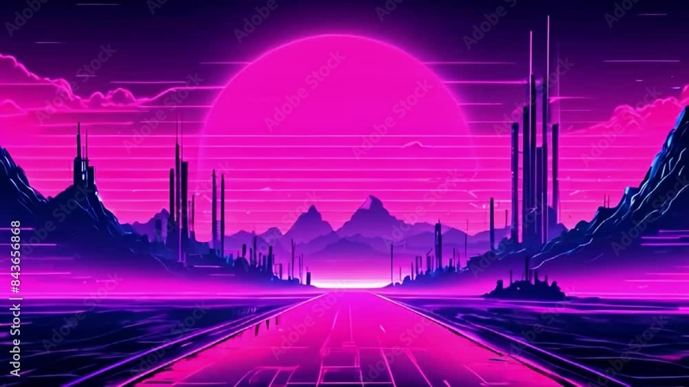 Illustration of synthwave retro cyberpunk style landscape background ...