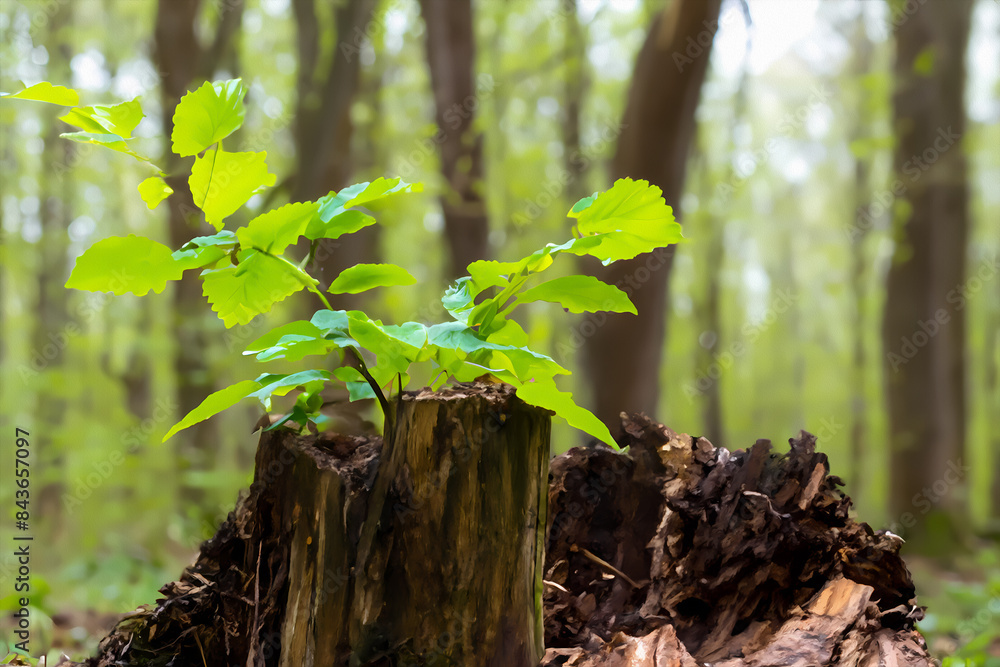 Aus einem Baumstumpf entsteht neues Leben, ein kleiner Baum wächst Stock Illustration | Adobe Stock