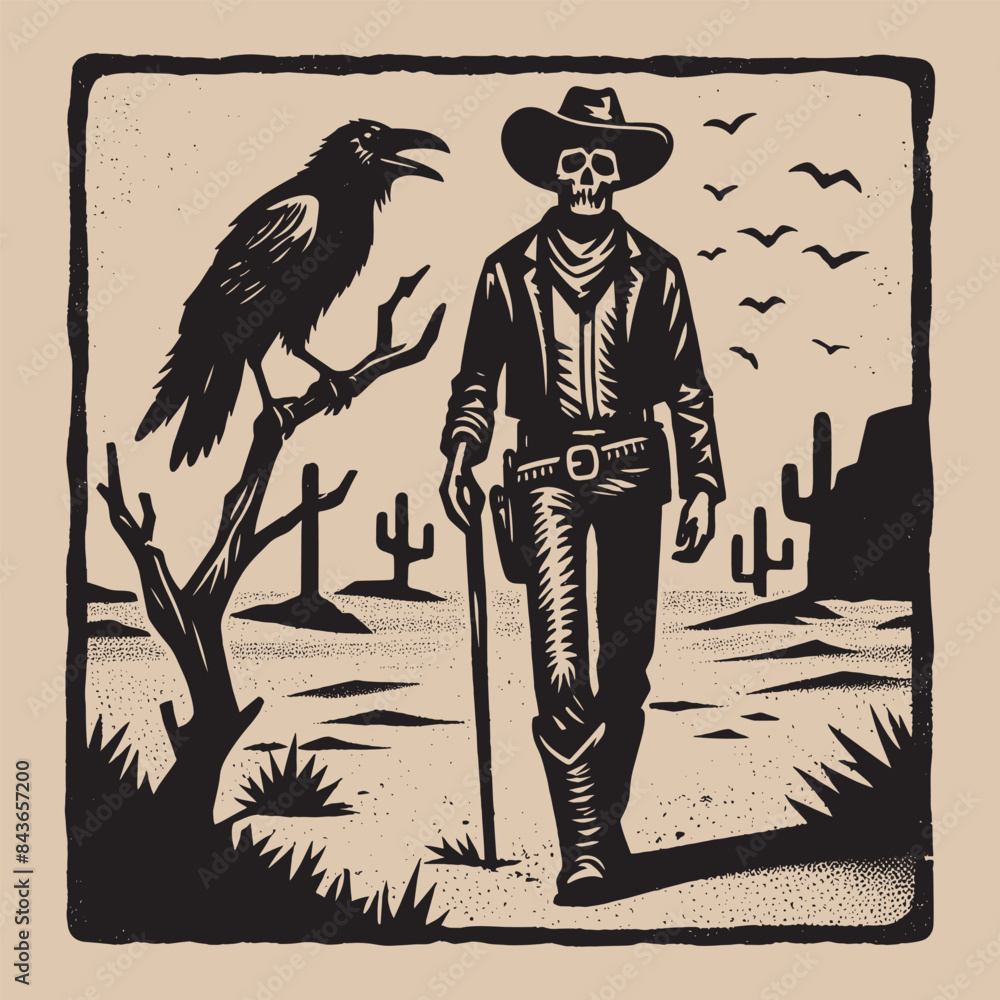 Dead cowboy walking through the desert and a raven. Vintage vector ...