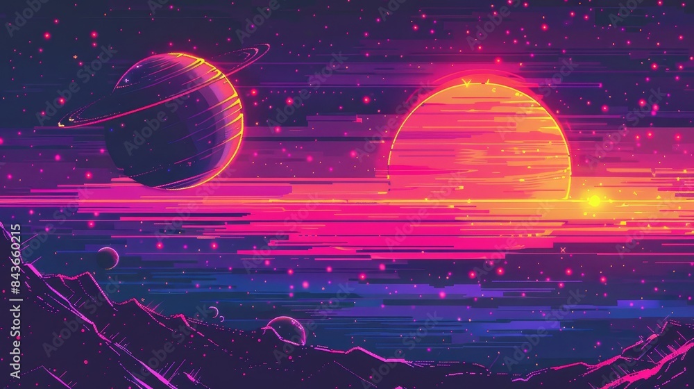 8-Bit Retro Cyberpunk Space Poster Background with Colorful Pixelated ...