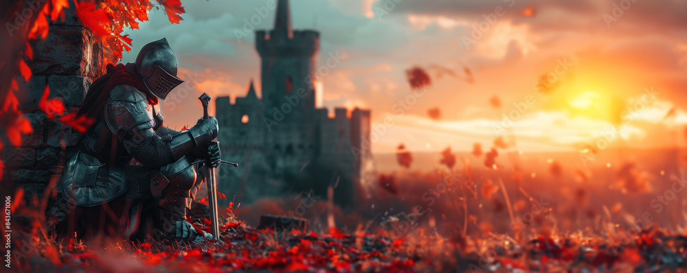 knight in full armor, kneeling on one knee with his sword resting ...