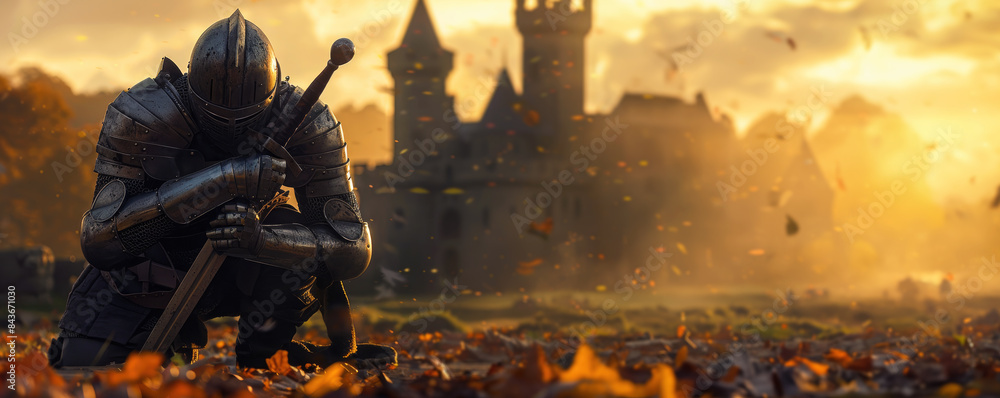 knight in full armor, kneeling on one knee with his sword resting ...