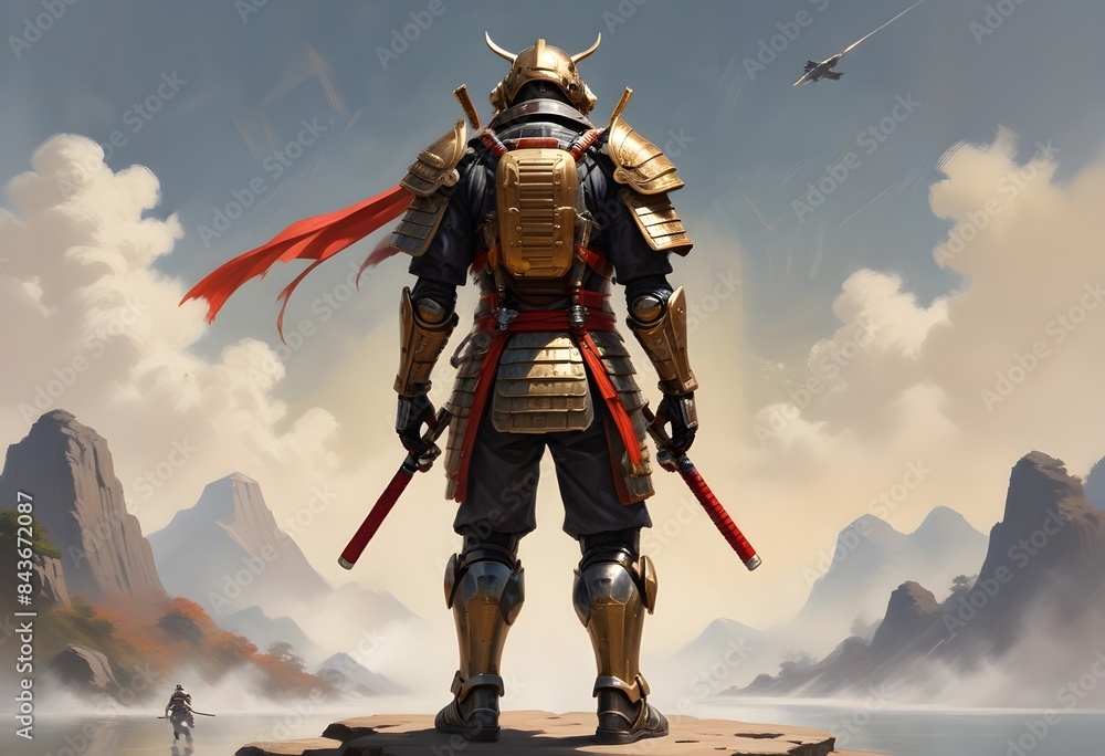 An oil painting of a samurai warrior equipped with a jetpack ...
