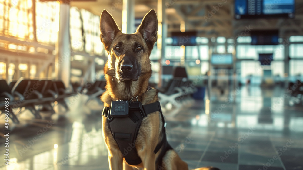 A police dog on full alert, patrolling a large city airport, ready to ...
