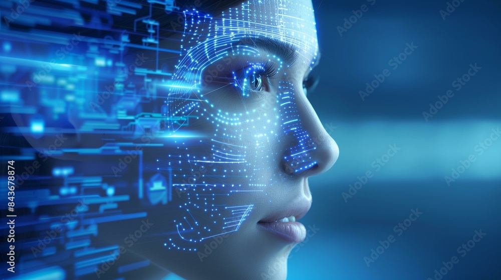 Blue lined female face with technology background concept facial ...