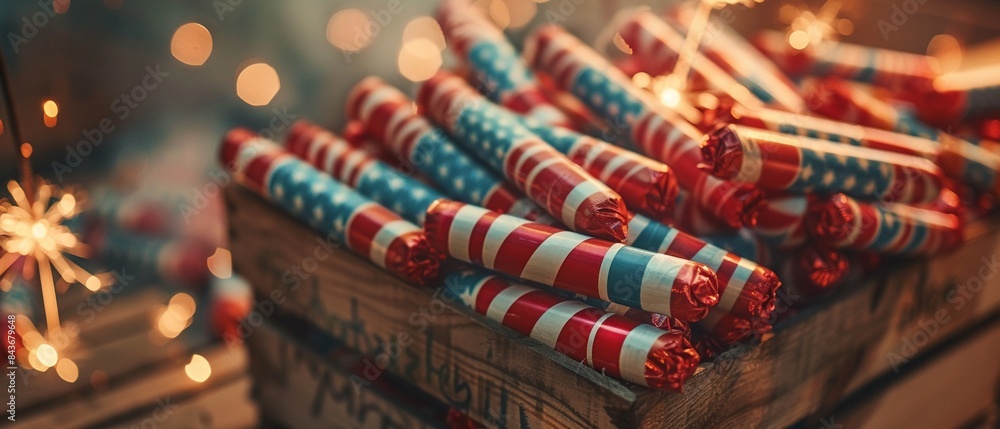 Box filled with red, white, and blue striped fireworks rockets, labeled ...