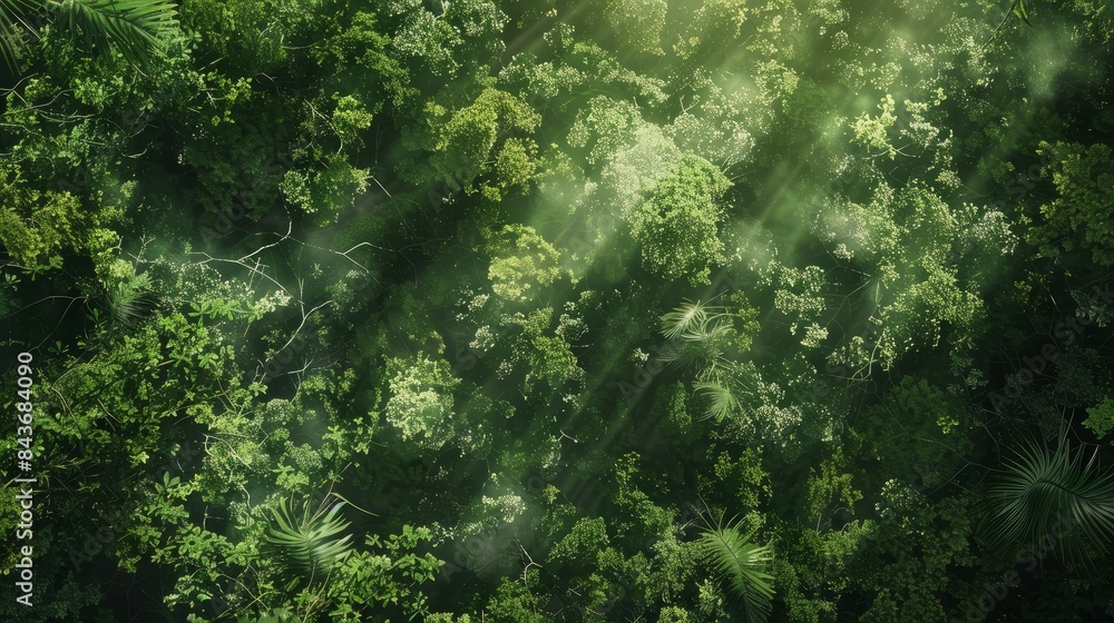 An overhead view of a dense forest canopy with sunlight filtering ...